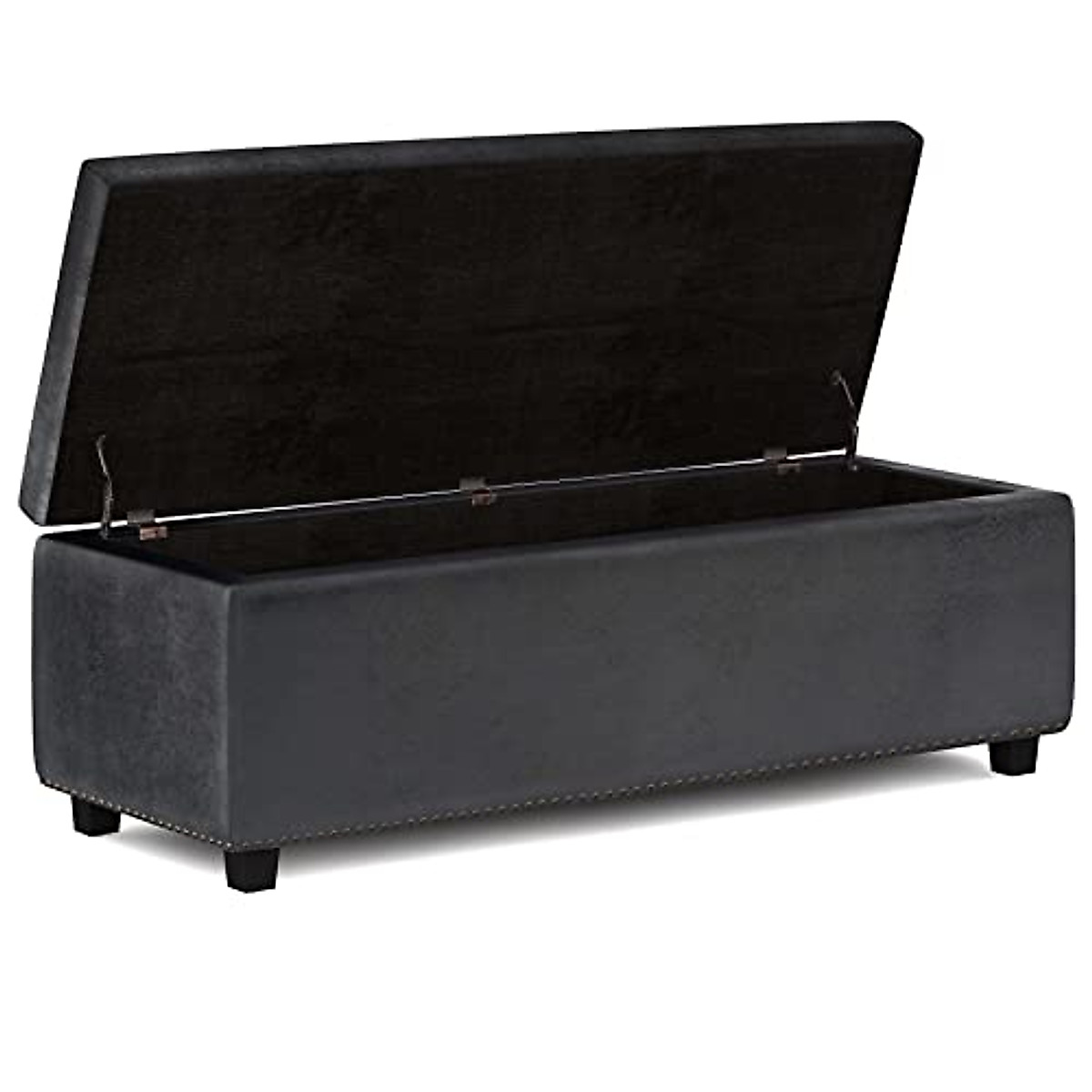 SIMPLIHOME Hamilton 48 inch Wide Rectangle Lift Top Storage Ottoman in Upholstered Distressed Black Tufted Faux Leather with Large Storage Space for Living Room, Entryway, Bedroom, Transitional