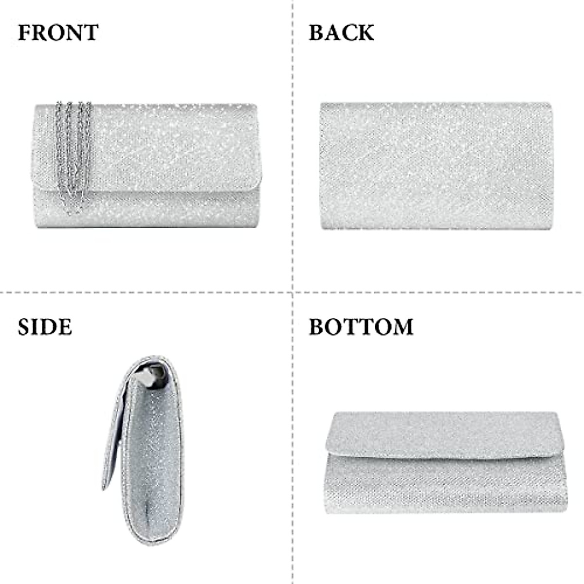 OSDUE Evening Bag Clutch Purses for Women, Glitter Evening Bag, Sparkling Envelope Evening Bag with Detachable Chain, for Prom, Wedding, Party, Banquet, Date (Silver)