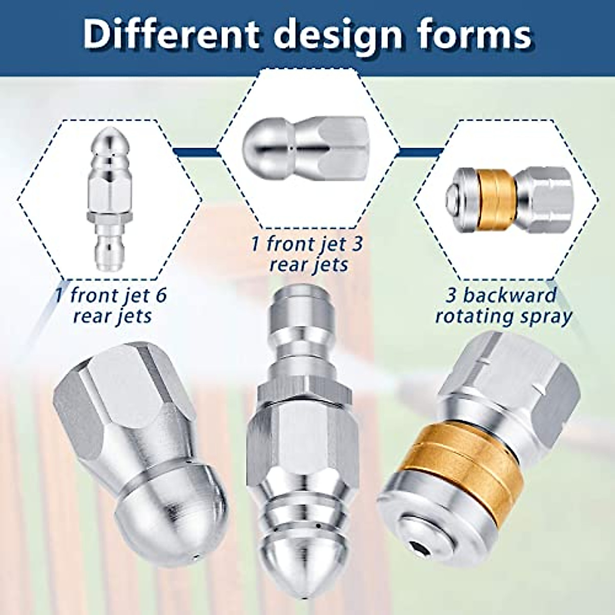 3 Pieces Sewer Jetter Nozzle Rotating Button Nose Sewer Jetting Nozzle Stainless Steel Fixed Sewer Nozzle with Different Models for 1/4 Inch Pressure Washer Quick Connector Pressure up to 5000 PSI