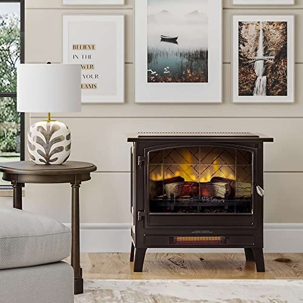 Country Living Infrared Freestanding Electric Fireplace Stove Heater in Bronze | Provides Supplemental Zone Heat with Remote, Multiple Flame Colors, Metal Design with Faux Wooden Logs