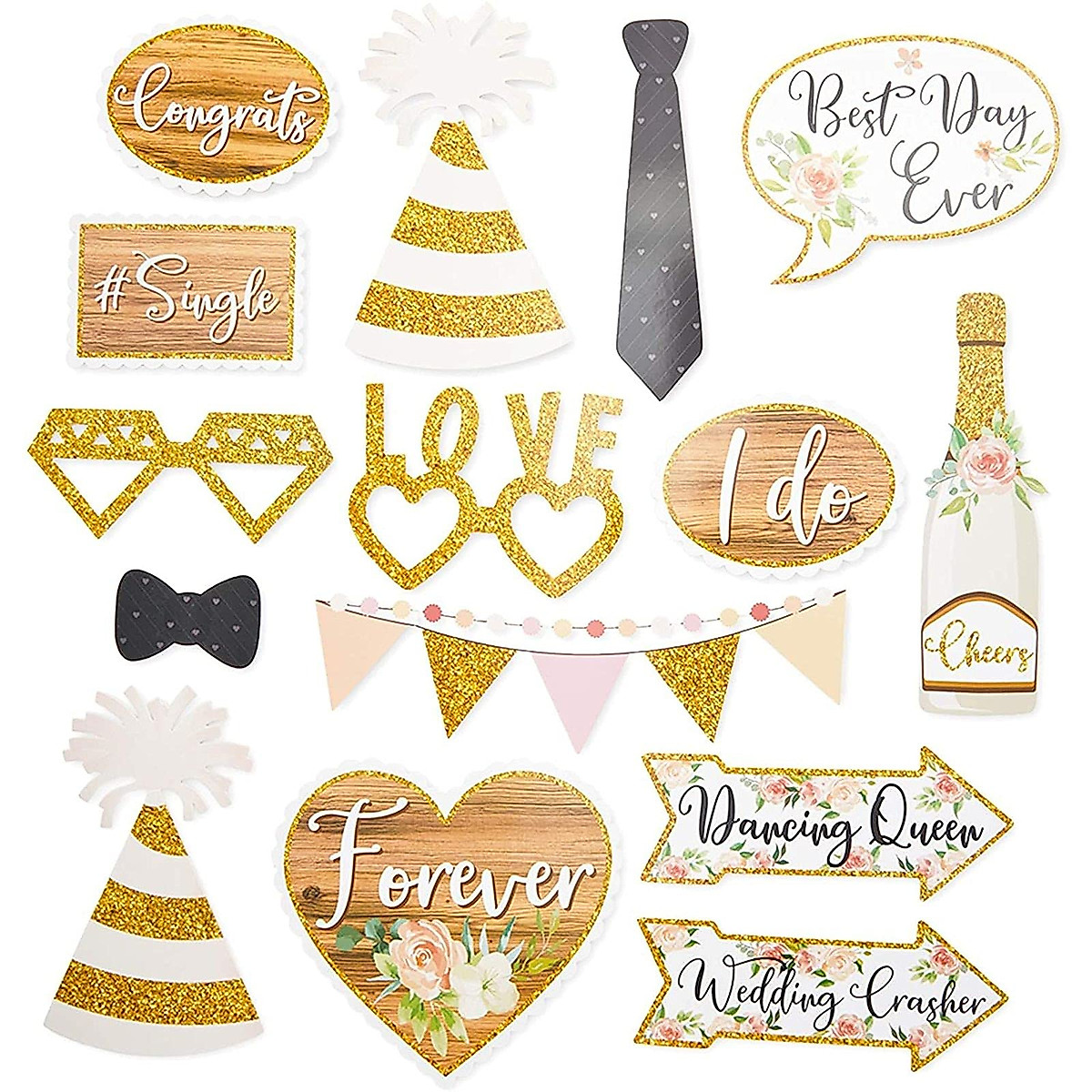 Sparkle and Bash Wedding Photo Booth Prop Kit for Bridal Shower, Bachelorette Party (70 Pieces)