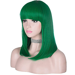 AMZCOS 15 Inch Short Straight Green Bob Wig with Bangs | Natural Heat Resistant Synthetic Hair for Women