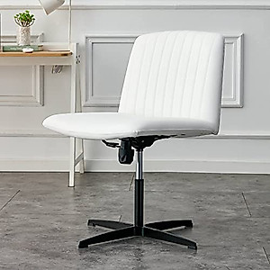Swivel Armless Chair No Wheels,PU Leather Computer Chair,Height Adjustable 360°Swivel Office Chair with Black Foot and Padded Cushion,Study Desk Chair Makeup Chair for Living Room Office,White
