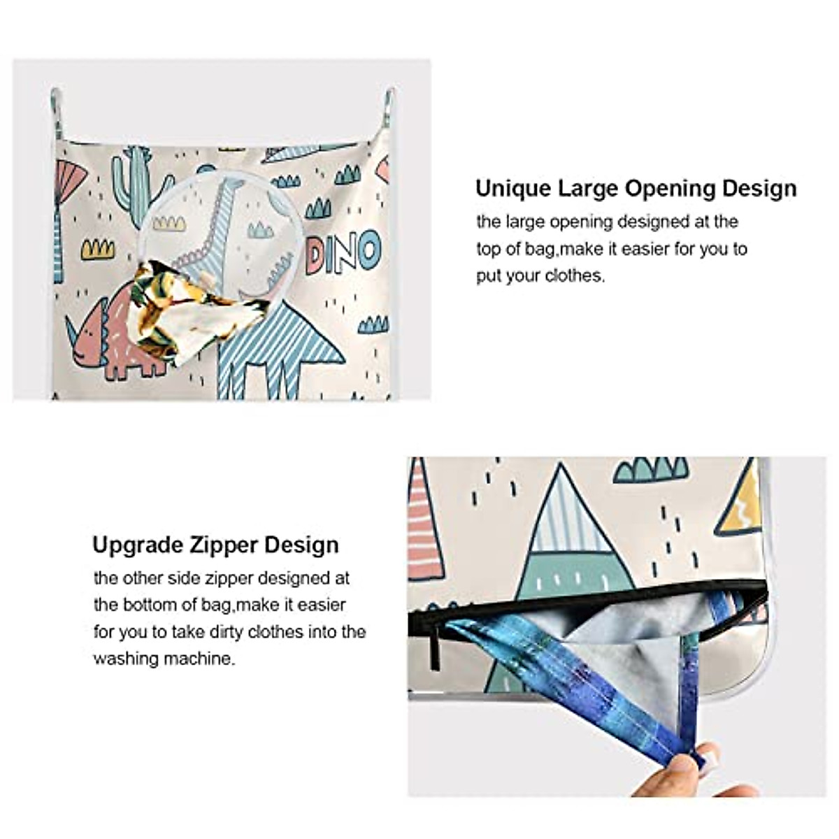 ElliTarr Hanging Laundry Hamper Bag Over the Door Wall Large Dirty Clothes Hamper with Stainless Steel Hooks 29.5X20inch 2Pack Cute Dinosaur Beige