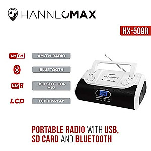HANNLOMAX HX-509R Portable AM/FM Radio, Bluetooth, USB/SD Slot for MP3 Playback, Aux-in, AC/DC Dual Power Source. (White)