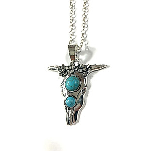 Silver Plated Longhorn Bull Skull Buffalo 2" Pendant, Faux Turquoise Cabochon Gift Boxed