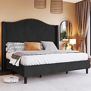 Jocisland Queen Size Platform Bed Frame,Velvet Fabric Upholstered Bed with Tall Arched Headboard & Nailhead Trim Wingback Headboard/No Box Spring Needed/Black