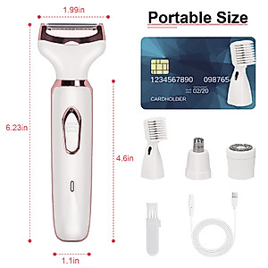 4 in 1 Electric Razor for Women, RAIALL Lady Electric Shaver Hair Remover for Face Legs Nose Underarm, Portable Bikini Trimmer Wet & Dry Cordless Hair Removal with 4 Floating Head - USB Recharge