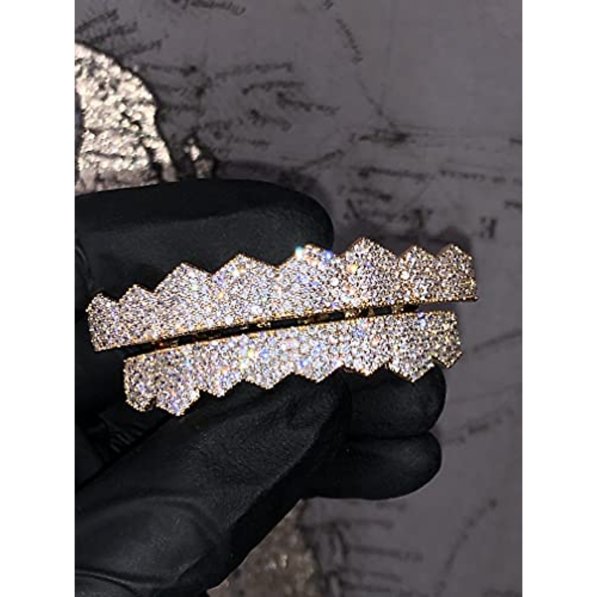 Shop-iGold 14k Gold Plated Iced Out Bling Gold Grillz for Mouth Top Bottom Hip Hop , 8 Teeth Grills for Teeth Mouth Set