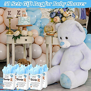 Resurhang 50 Sets Gift Bag for Baby Shower 50 Bear Baby Shower Goodie Bags Bear Paper Bag with Handles and Tissue Paper Baby Shower Party Favor Bags for Guests Gender Reveal Return Gift (Blue)