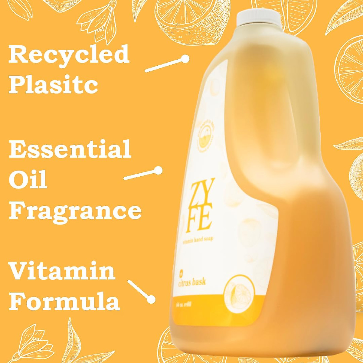 ZYFE Vitamin Hand Soap Refill - Liquid Hand Soap - Natural Plant Derived Moisturizing Handsoap with Essential Oil Fragrance Citrus Bask - Soft Hand Wash for Kitchen & Bathroom - Lush Soft Soap 64oz