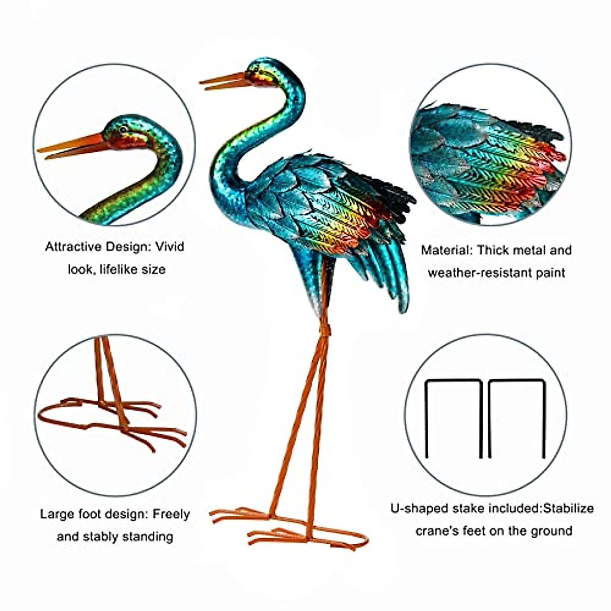 Natelf Garden Crane Statues for Outdoor, Blue Heron Decor Standing Garden Art Sculptures, Metal Large Birds Lawn Ornaments for Patio Pond Yard Lawn Decorations, Set of 2