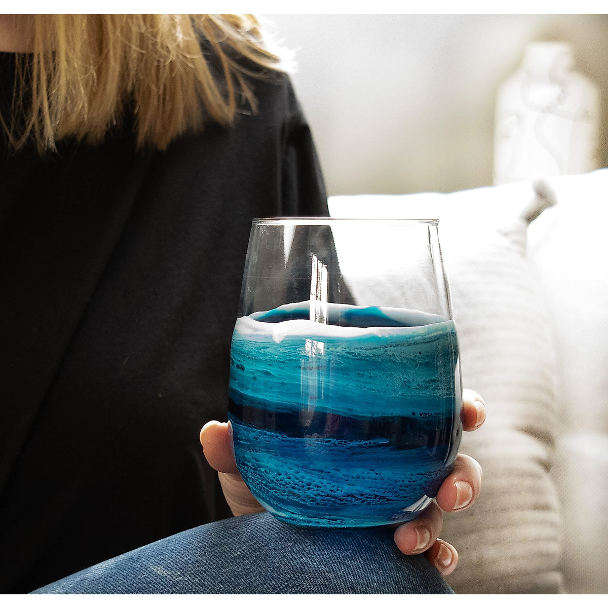 Schafer Art Studio - Handmade Beach Themed Wine Glass, Stemless White Wine 17 ounce, Painted Resin Large Wine Glass