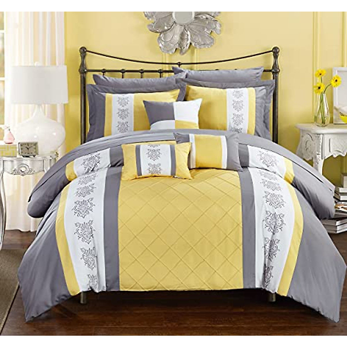 Chic Home Clayton 8 Comforter Pintuck Pieced Block Embroidery Bed in a Bag with Sheet Set, Twin, Yellow