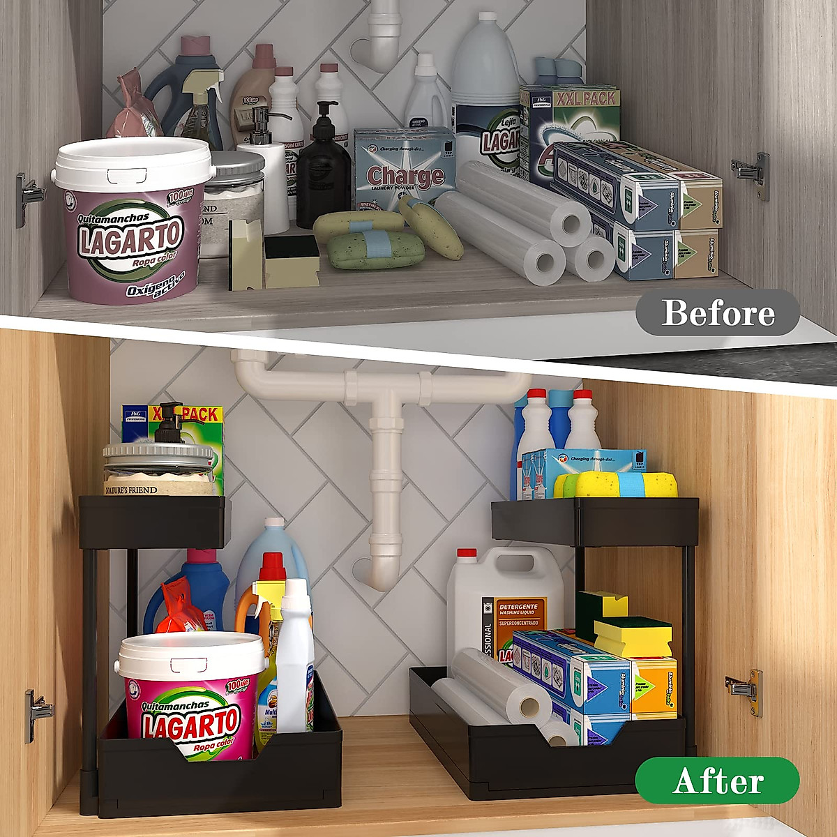 2 Pack Under Sink Organizers and Storage, 2 Tier Pull Out Cabinet Organizer Sliding Cabinet Basket Organizer Bathroom Kitchen Storage with Siding Drawers Multi-Purpose Office Organization and Storage