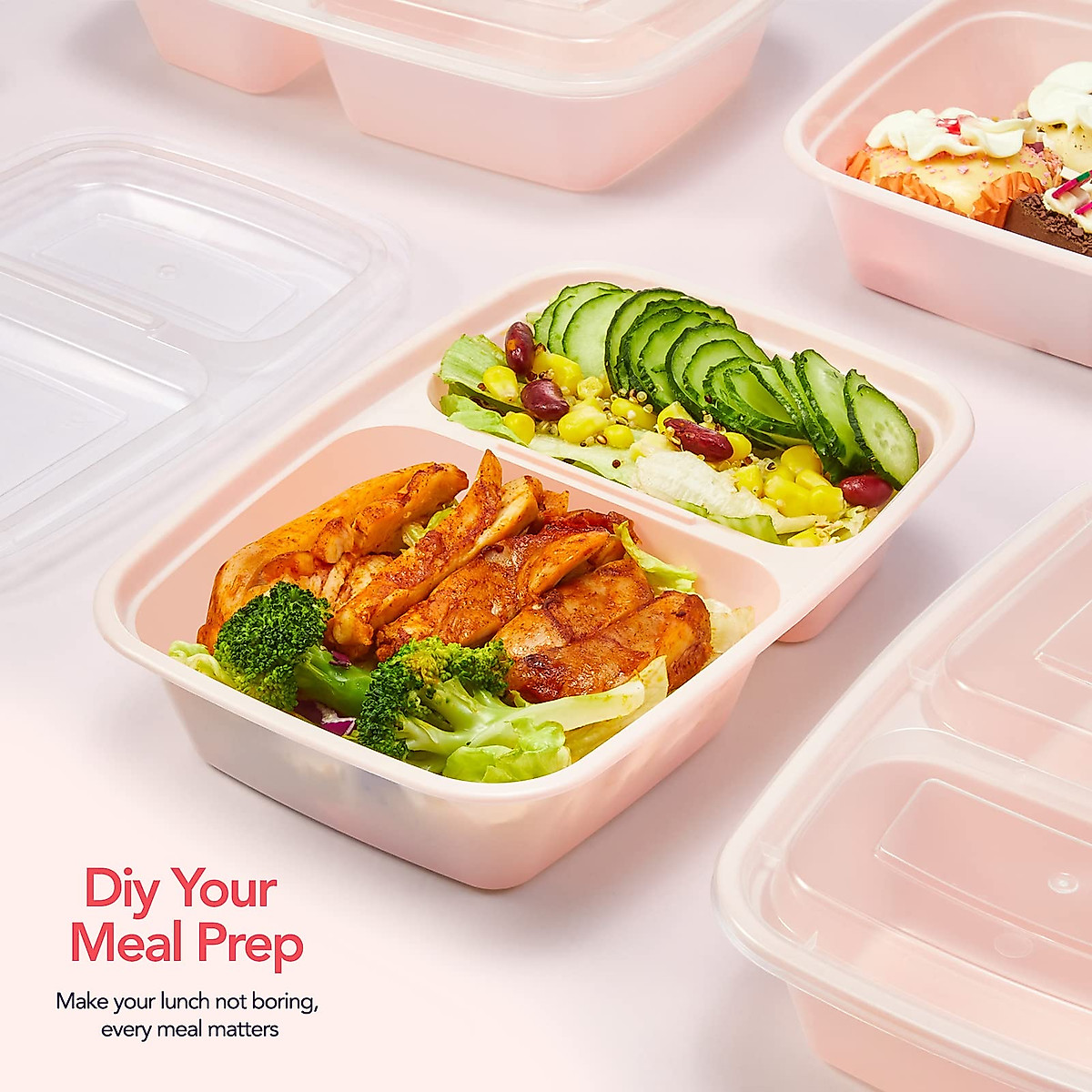 Glotoch 50 Pack Pink Meal Prep Container 2 Compartments, Microwavable To Go Containers, BPA-Free Food Prep Containers- Take Out Food Containers For Salad/Lunch- Freezer&Dishwasher Safe, Stacable