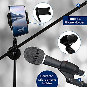 QAISE Mic Stand with 5ft Tablet and Phone Holder – Adjustable Gooseneck Microphone Stand - Mic Stand Boom Tablet Holder for Karaoke, Studio, Parties, Rehearsals