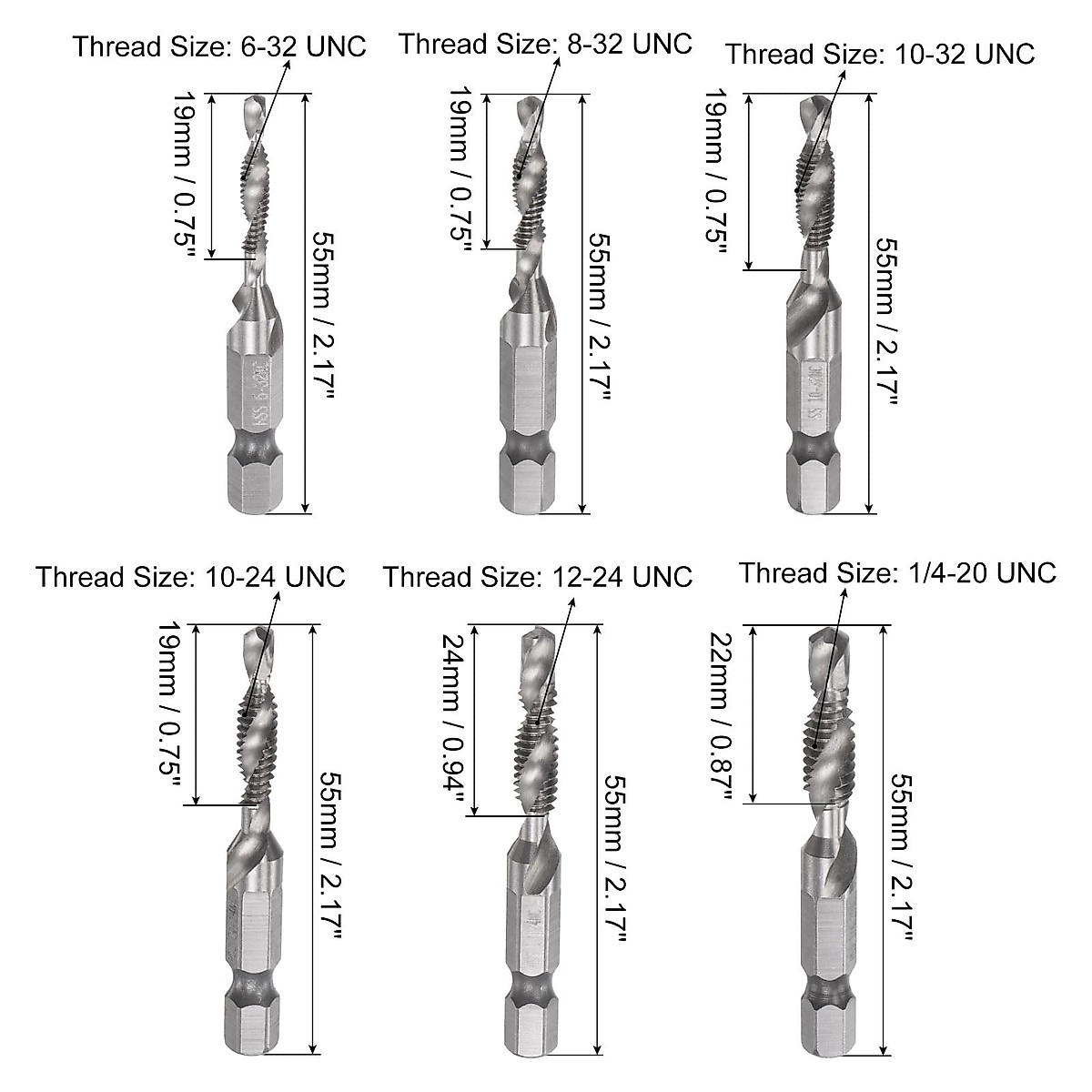 uxcell Combination Drill and Tap Bit Set, 6-32 8-32 10-3210-24 12-24 1/4-20 High Speed Steel 4341 Spiral Flute Drilling Tapping Tool 1/4" Hex Shank 6pcs