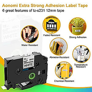 Tze-S231 Tz-S231 12mm 0.47" Tape Aonomi Replacement for Brother Extra Strength P-Touch Label Tape Black on White 1/2" Tz Tze Tape Compatible with Brother PTD210 PT-D410 PTH110 Label Maker,2-Pack