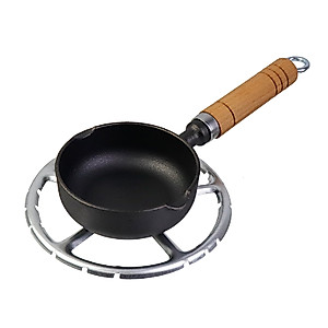 Geesatis 1 Pcs Mini Cast Iron Skillet Small Skillets Frying Pans, with Wok Support Ring for Oil, Baked Cookie, Eggs, Wooden Handles