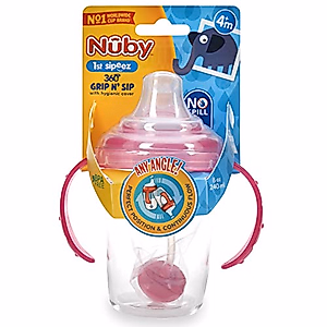 Nuby 360 Grip N' Sip 8oz Tritan Cup, Weighted Straw with Hygienic Cover, Pink
