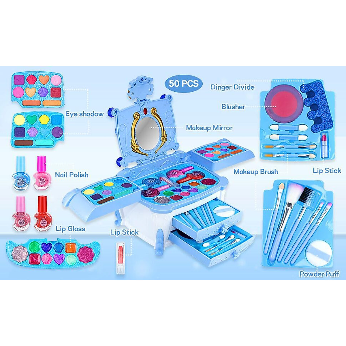 Kids Makeup Kit for Girl, Babbyo Upgrade 50 pcs Kids Make up Kit, Safety Tested Real Washable Make Up Toy Set with Portable Box, Prentent Play Make Up for Girls Birthday Present Toys