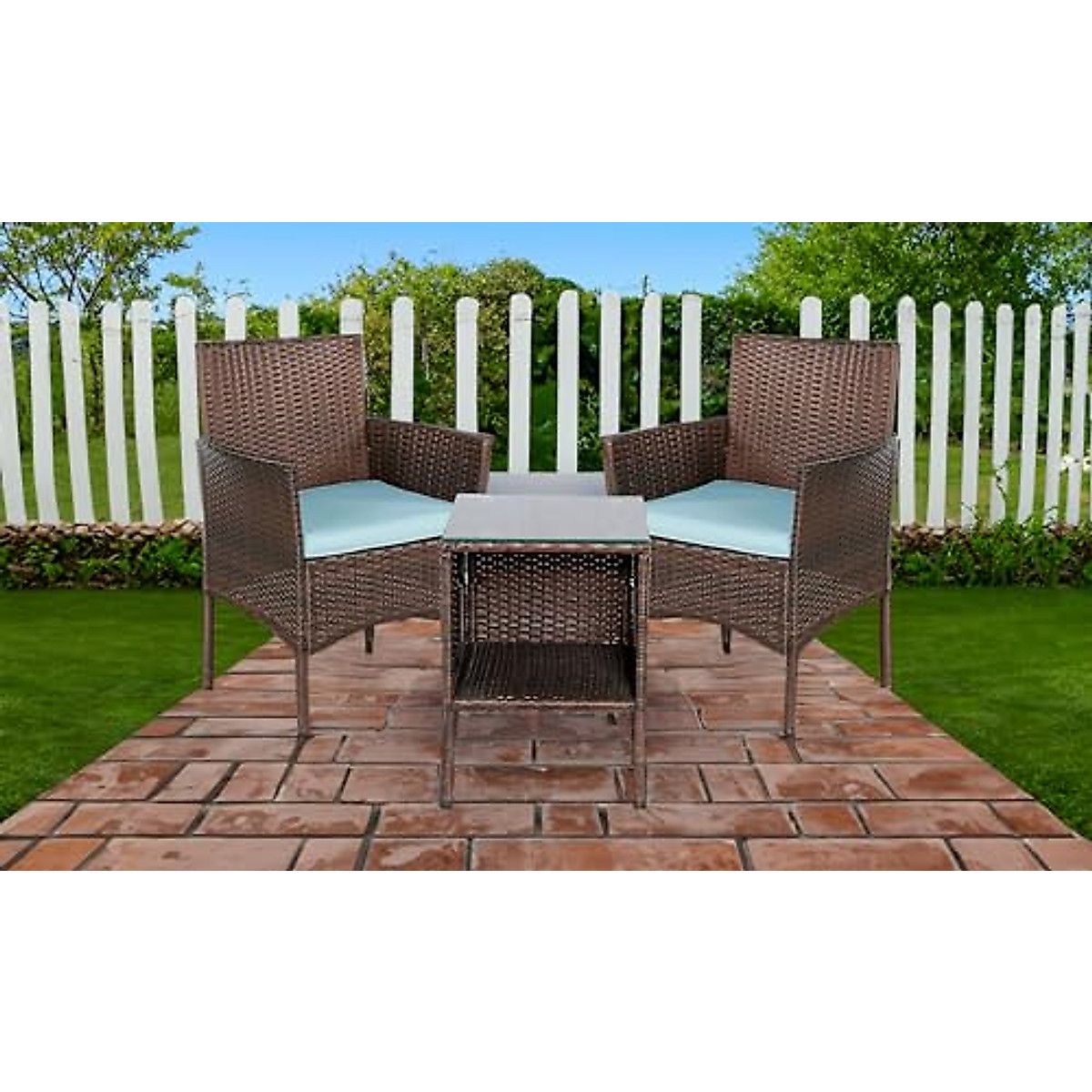 BTEXPERT Space Saving Outdoor Wicker Conversation 3 Piece Bistro Set Garden Patio Yard Porch Furniture Pe Rattan Two Chairs Cushions Side Storage Table Brown/Aqua Blue