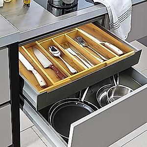 NA Bamboo Drawer Organizer, Expandable Silverware Holder, Cutlery Tray Flatware Organizer, Storage and Dividers for Knives Forks Kitchen Utensils, 6-8 Slots