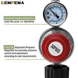 12Ft 0-30PSI High Pressure Adjustable Propane Regulator with Gauge, Stainless Steel Braided Hose Fit for Grill, Burner, Cooker, Turkey Fryer, Propane Heater, Fire Pit, QCC1 x 3/8" Female Flare Fitting