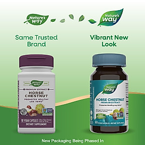 Nature's Way Standardized Horse Chestnut, Premium Extract, Promotes Healthy Leg Veins*, 250 mg per Serving, Vegan, 90 Capsules (Packaging May Vary)
