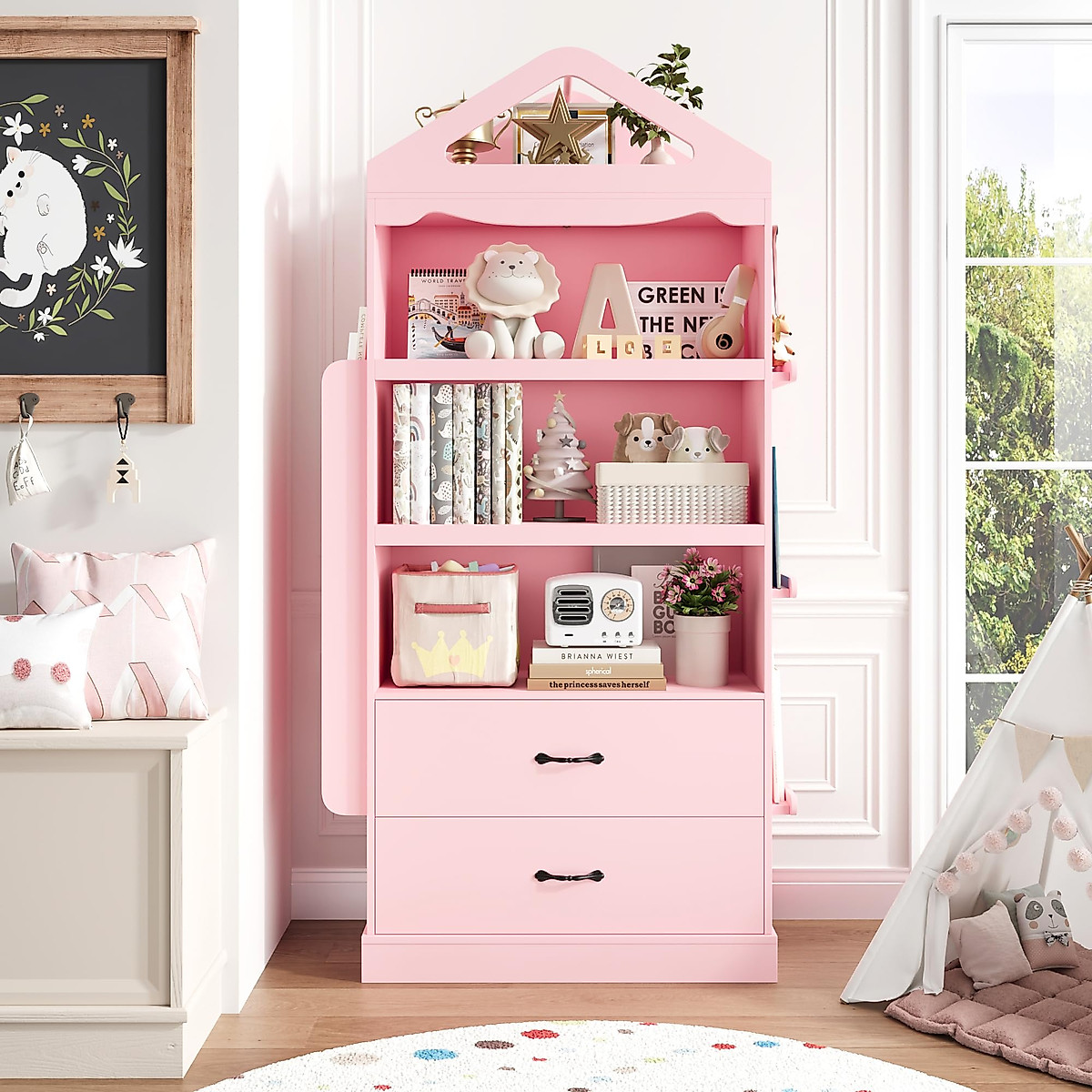 HOSTACK 71" Tall Kids Bookcase, Kids Bookshelf with 2 Drawers, 4 Tier Large Book Shelves, Wood Display Standing Cabinet with Toy Storage Organizer for Nursery, Living Room, Study, Pink