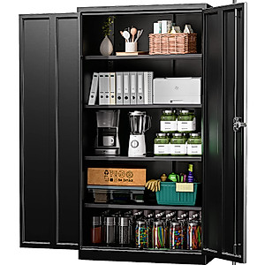 INTERGREAT Metal Garage Storage Cabinet with Locking Doors and Shelves,Black Lockable Steel Tool Cabinet,Tall File Cabinet Locker with Lock for Home Office, School, Gym, Basement, Large Capacity
