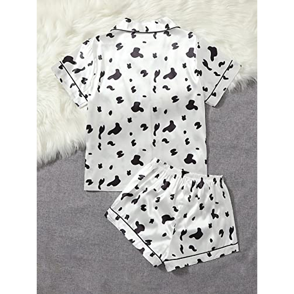 WDIRARA Women's Sleepwear Cow Print Satin Short Sleeve Shirt and Shorts Pajama Set Black and White L