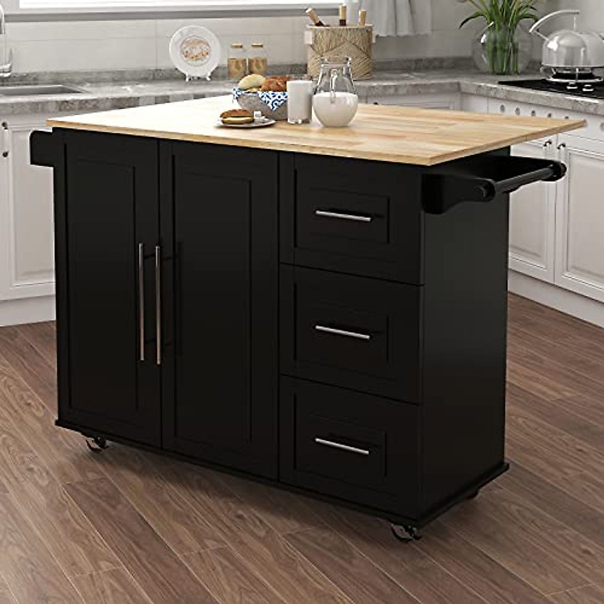 LostCat 43" Drop Leaf Kitchen Island Cart with 3 Drawers, Wood Table Top, Storage, Spice & Towel Rack for Dining Room, Living Room, Black