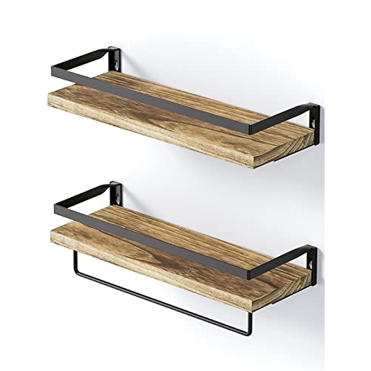 AMADA HOMEFURNISHING Floating Shelves, Bathroom Shelf with Towel Bar, Wall Shelves for Bathroom/Living Room/Kitchen/Bedroom, Light Brown Shelves Set of 2 - AMFS01