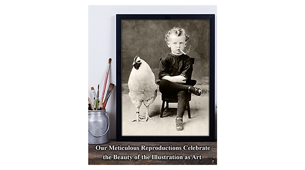 Bizarre Vintage Print: Boy & Giant Chicken | Quirky Goth Decor