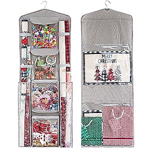 Fixwal Christmas Hanging Gift Wrapping Paper Storage Oxford Double-Sided Hanging Gift Wrap Craft Roll Organizer Storage Pockets Hanging Pantry Organizer (Grey)