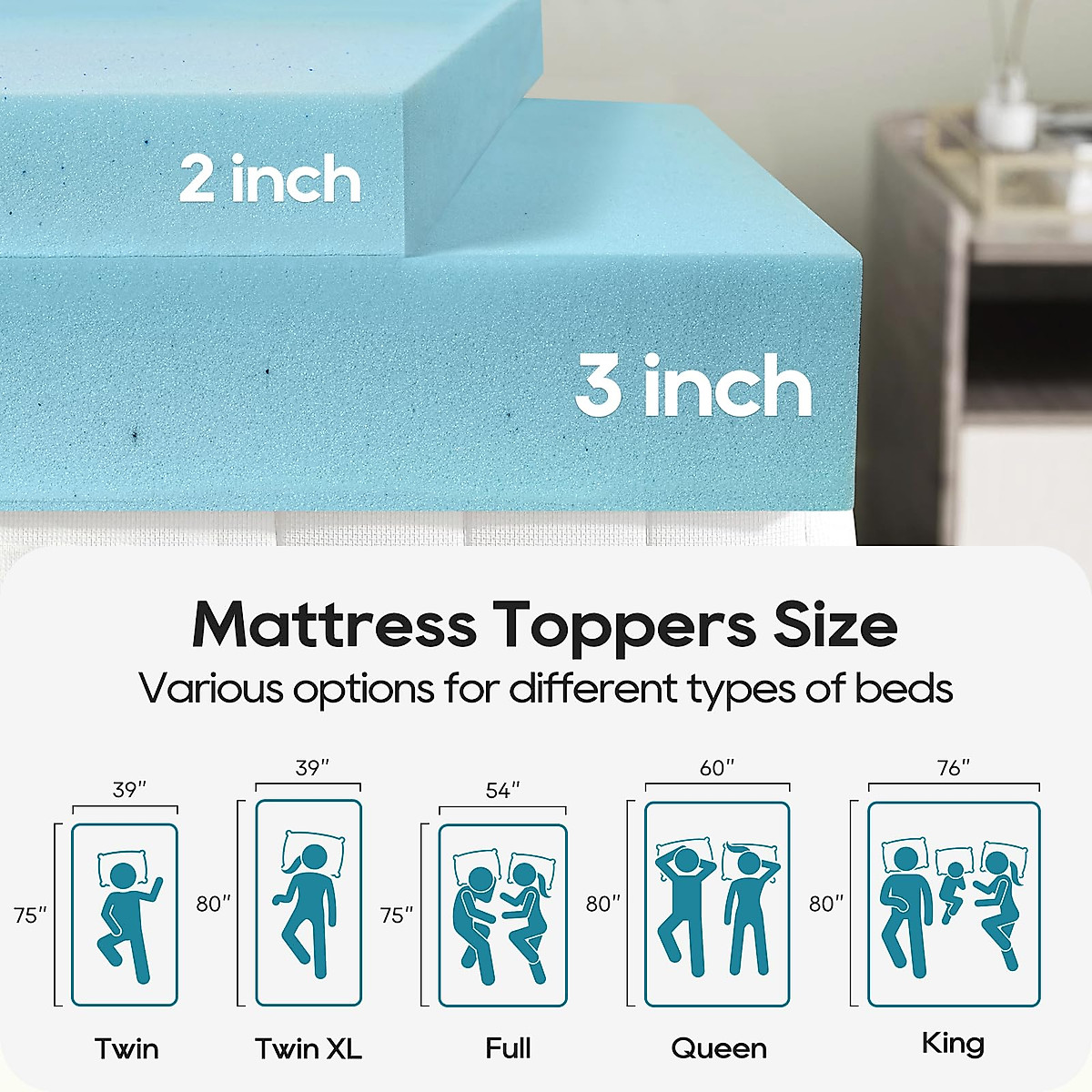 3 Inch Queen Memory Foam Mattress Topper, Cooling Gel Infused Mattress Topper, Ventilated Soft Bed Topper for Pressure Relief Back Pain Suitable for Sleeper Sofa, RV, Camper - CertiPUR-US Certified