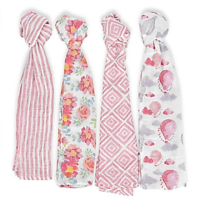 Featherhead™ 100% Cotton Muslin Swaddle Blankets for Baby Girl - Large 47”x 47” - Pre-Washed, Soft, & Breathable - Newborn Essential & Perfect Baby Registry Gift (4 Pack - Garden Floral)