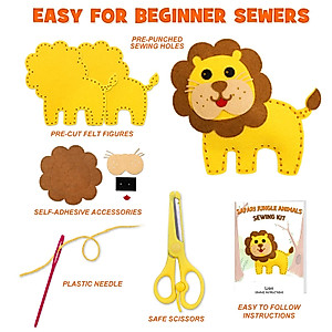 CiyvoLyeen Safari Jungle Animals Sewing Craft Kit DIY Kids Craft and Sew Set for 7 8 9 10 11 12Girls and Boys Educational Beginners Sewing Stuffed Animal Felt Plush Ornaments Set of 14