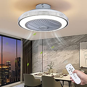 MADSHNE 20" Modern Low Profile Ceiling Fans with Lights and Remote, Flush Mount Bladeless Ceiling Fans with Dimmable LED, Small White Enclosed Bedroom Ceiling Fans