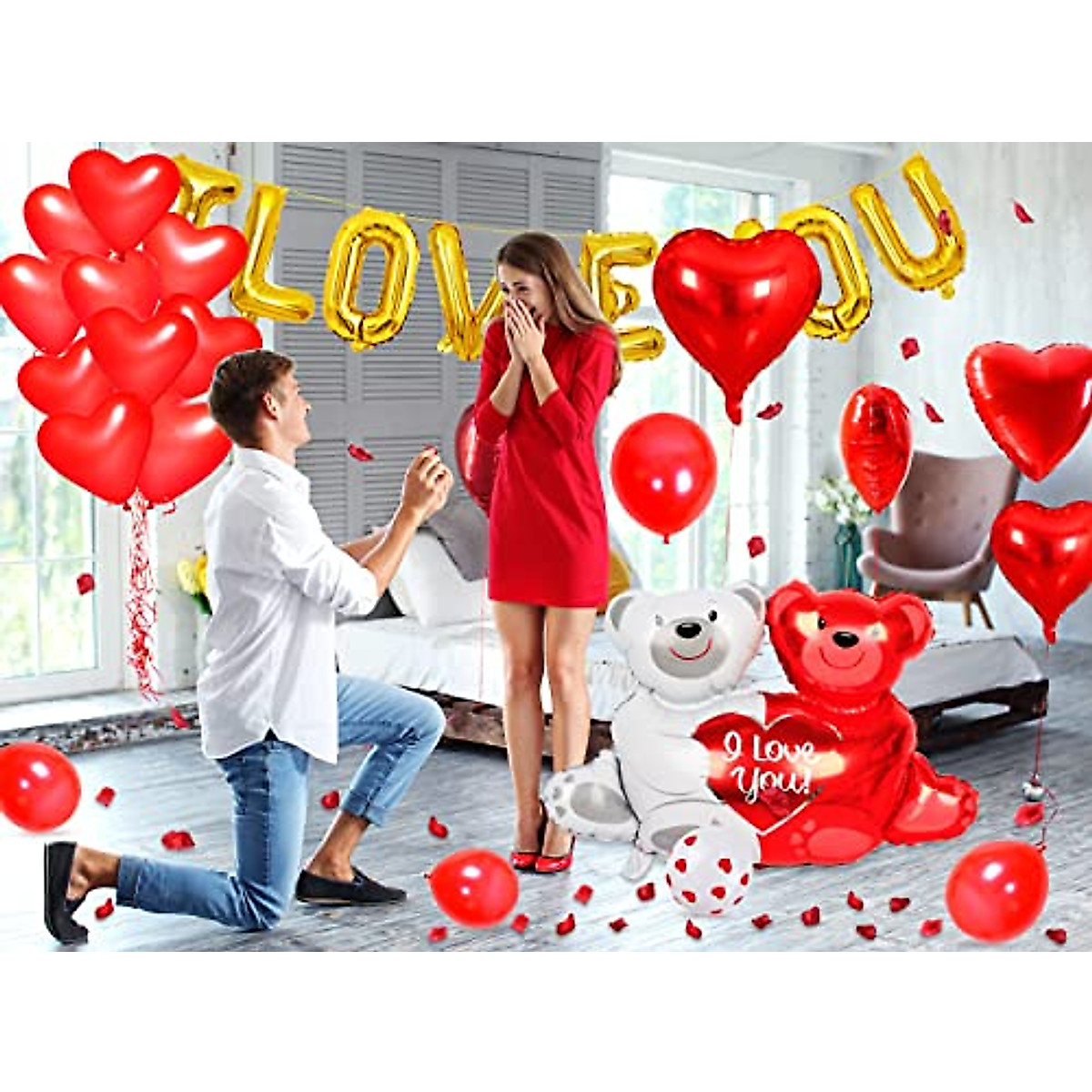 I Love You Balloons, Red Heart Balloons for Valentines Day Decor, Big 40 In Teddy Bear, 1000 Red Rose Petals Wedding Flower for Anniversary Romantic Decorations Special Night, Valentines Day Balloons