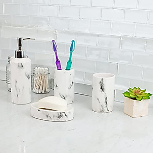 Home Basics Marble Design Look, Ceramic 4-Piece Durable Bath Accessory Set, includes Lotion Dispenser, Soap Dish, Tumbler, Toothbrush Holder
