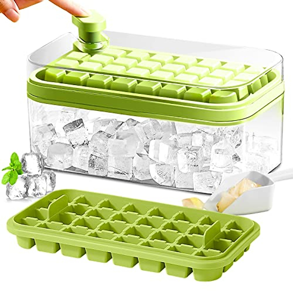 Ice Cube Tray with Lid and Bin, 2 Pack Ice Cube Trays for Freezer, 64 Pcs Ice Cube Mold (Green)