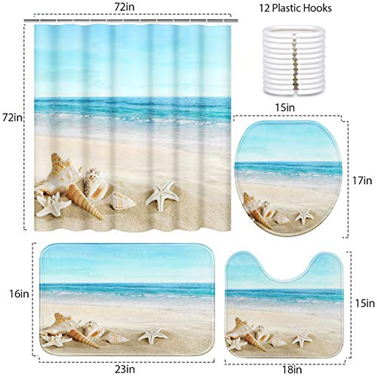 Britimes 4 Piece Shower Curtain Sets, with 12 Hooks, Coastal Sea Seashell Landscape with Non-Slip Rugs, Toilet Lid Cover and Bath Mat, Durable and Waterproof, for Bathroom Decor Set, 72" x 72"