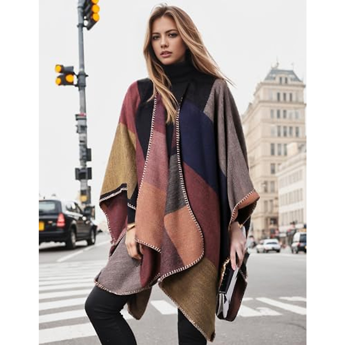 PAMEILA Women's Travel Plaid Shawl Wraps Open Front Poncho Cape Warm Oversized Sweaters Casual Cardigan Shawls for Fall Winter,Series 01-Khaki