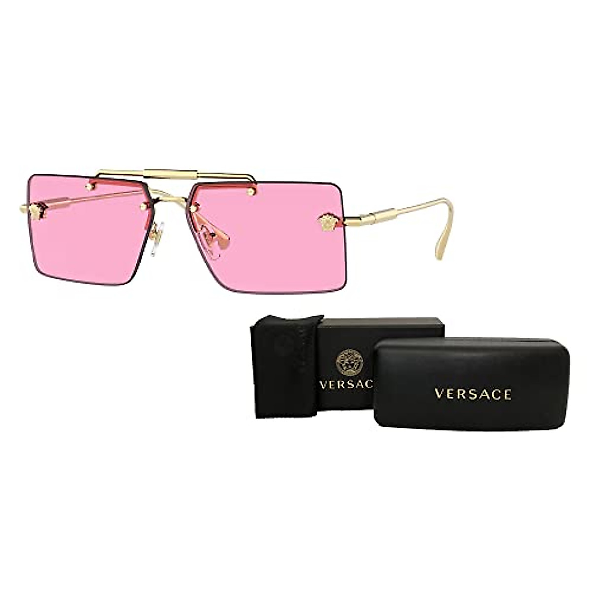 Versace VE2245 1002/5 60MM Gold/Fuchsia Rectangle Sunglasses for Women + BUNDLE With Designer iWear Eyewear Kit