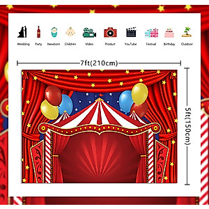 Cenven Red Circus Carnival Backdrop Curtain Stars Birthday Party Photography Background Newborn Baby Shower Birthday Cake Table Decorations 7x5FT, 7x5FT(width 210cm x Height 150cm)