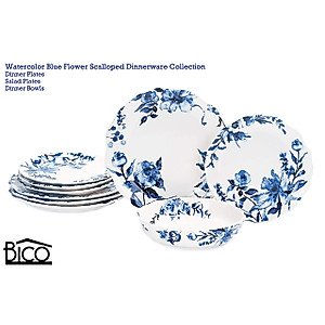 Bico Watercolor Blue Flower Scalloped Dinner Plates, Ceramic, 11 inch, Set of 4, for Pasta, Salad, Maincourse, Microwave & Dishwasher Safe