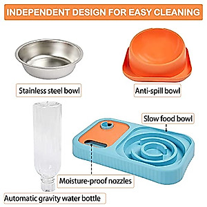 BNOSDM Triple Pet Bowl Cat Slow Feeder with Gravity Water Bottle Set, Detachable Stainless Steel Tilted Raised No Spill Dog Bowls for Cat Kitten Puppy